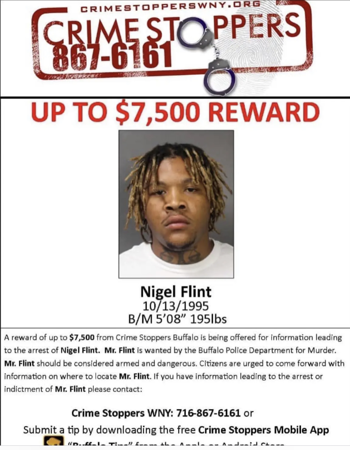$7,500 Reward for Information on Murder Suspect – WNY News Now